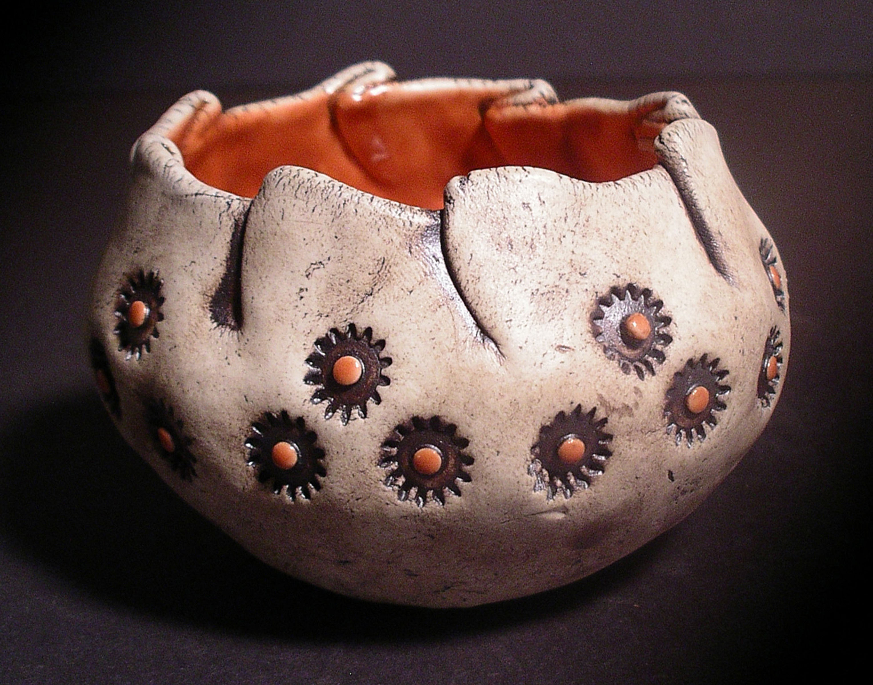 Natural and red-orange pleated pinch pot – Kathy Jeffers Studio